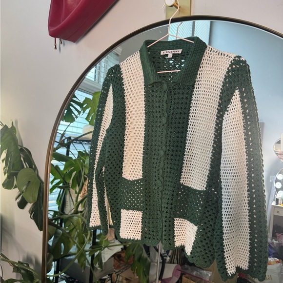 Alexa Chung | Jackets & Coats | 33 Alexa Chung Bowling Twotone Crocheted Cotton Jacket Green ...